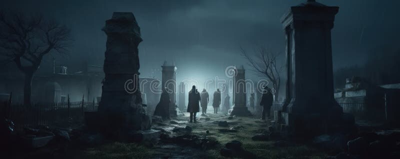 Rowd of Hungry Zombies Walking on Cemetery Ruins at Night. Generative ...