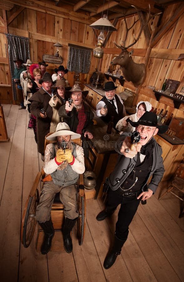 Rowdy Crowd with Guns in Saloon Stock Photo - Image of caucasian, gang ...