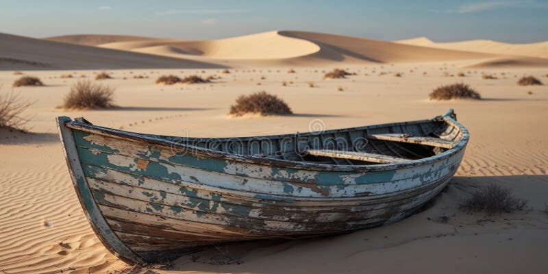 A Rowing Boat Lies Wrecked on a Dune in the Desert without Water Stock ...