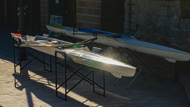 Rowing Boat Mounted on Supports Stock Photo - Image of fitness ...