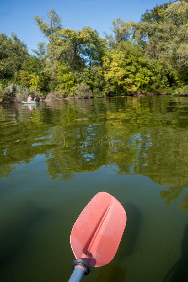 A Rowing Boat Oar Above Water Surface of the River. Vertical Photo ...