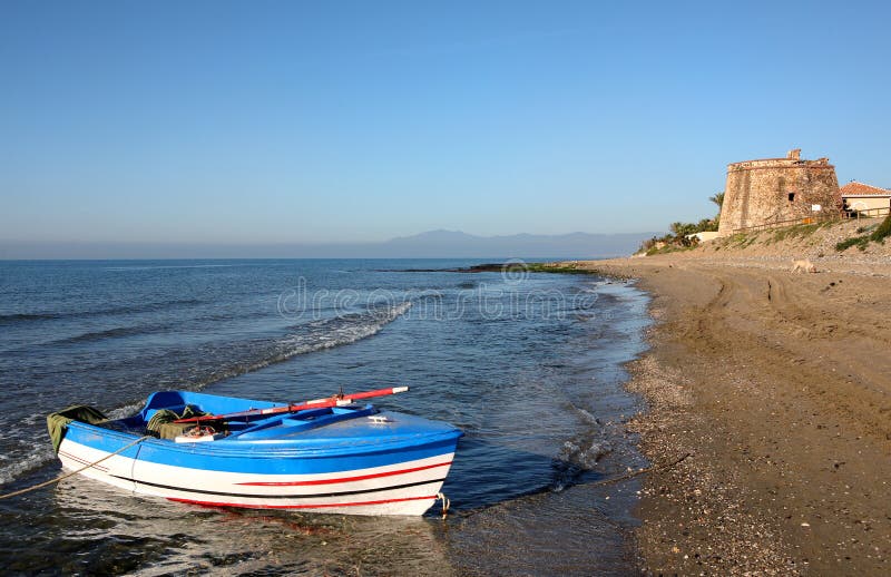Old Rowing Boat with Oars on Sea during Sunset Stock Image - Image of ...