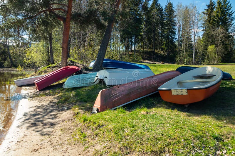 Rowing Boats on Coast of River at Spring Stock Image - Image of rowing ...