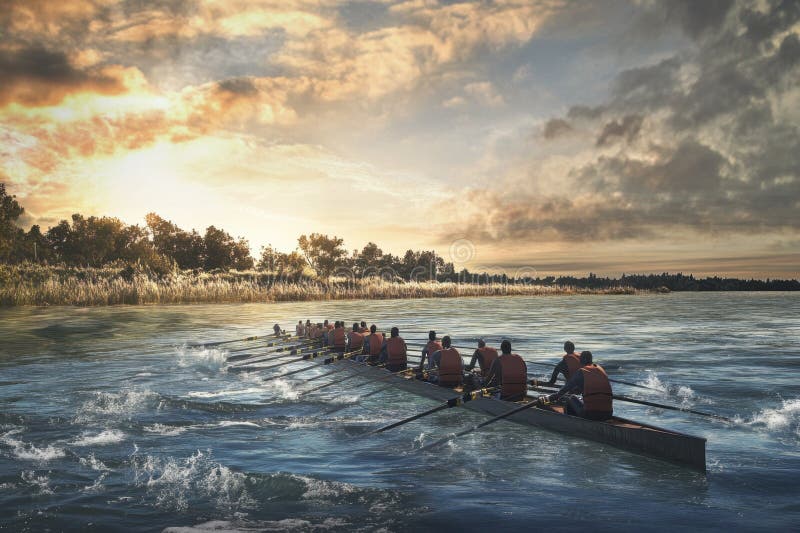 Rowing Team Practicing on a River at Sunset with Dramatic Clouds in the ...