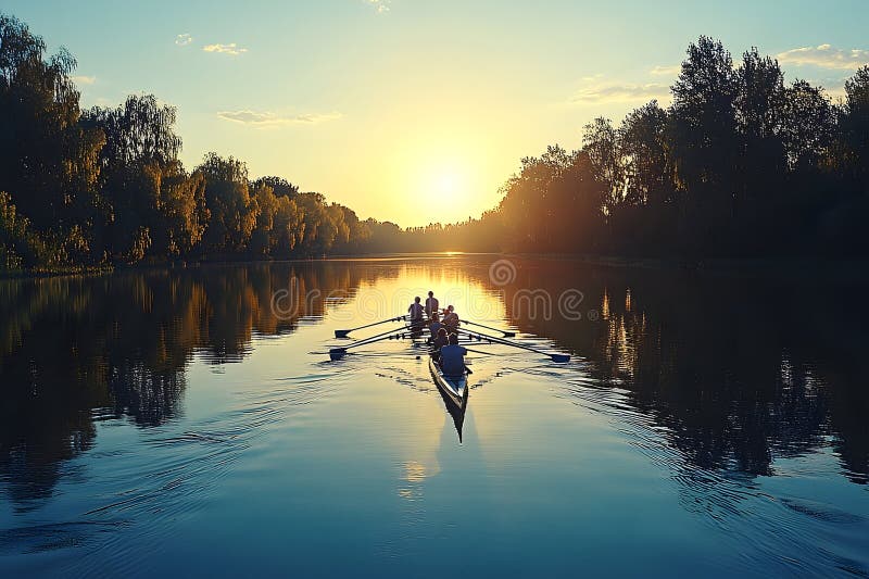 Rowing Team at Sunset on a River Stock Illustration - Illustration of team, sport: 377203428