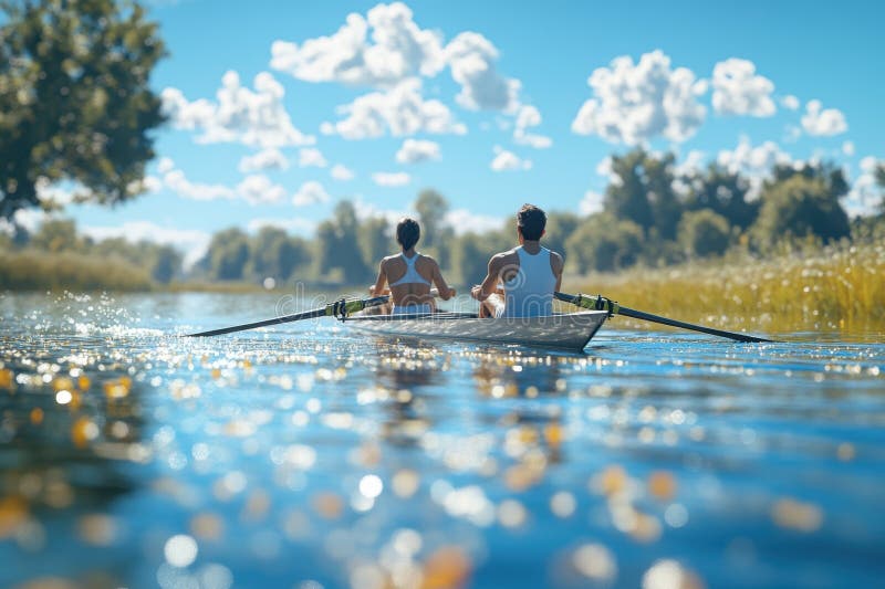 Rowing Together on a Serene River Under a Bright Blue Sky with Fluffy ...