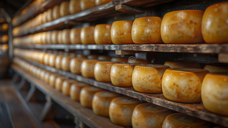 Rows of Aging Cheese Wheels in a Rustic Storage Cellar, Focus on ...