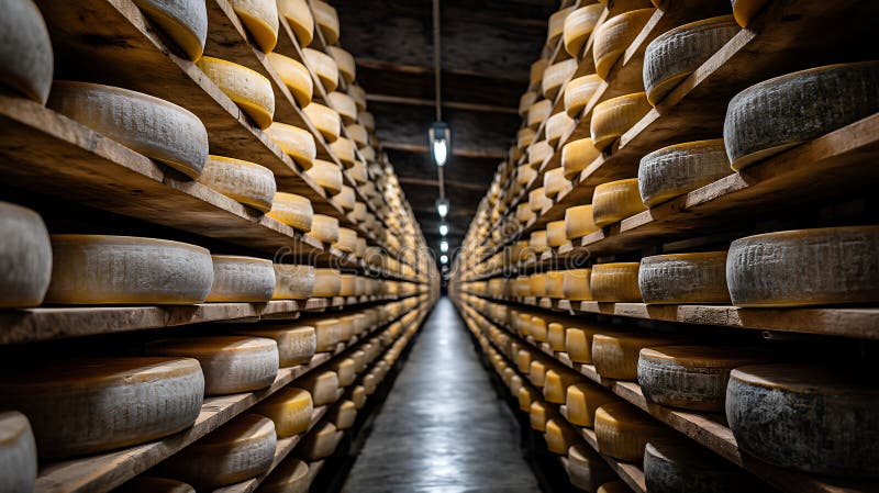 Rows of Aging Cheese Wheels Stored in a Traditional Cheese Cellar ...