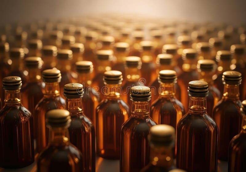 Rows of Amber Bottles with Golden Caps Arranged in a Stunning Display ...