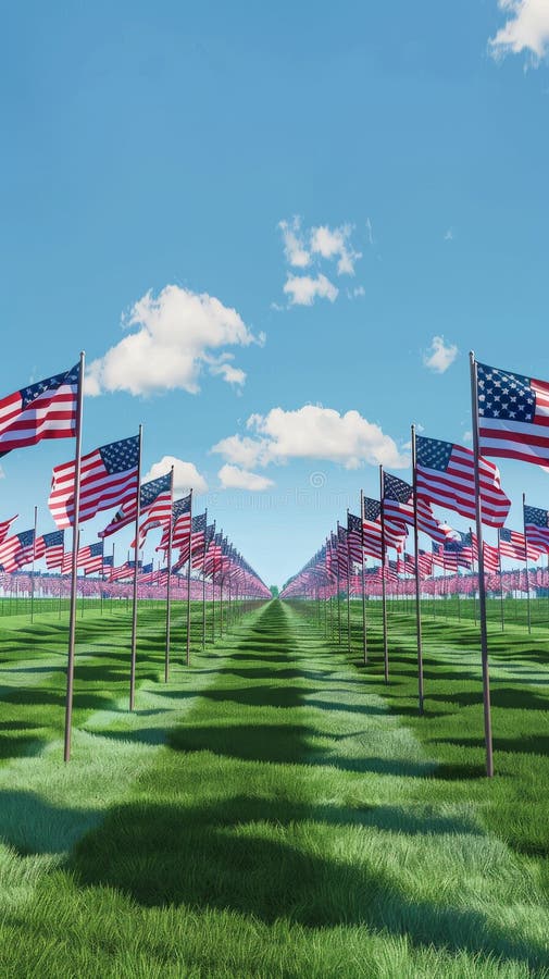 Rows of American Flags on a Green Field Under a Blue Sky Stock Image ...