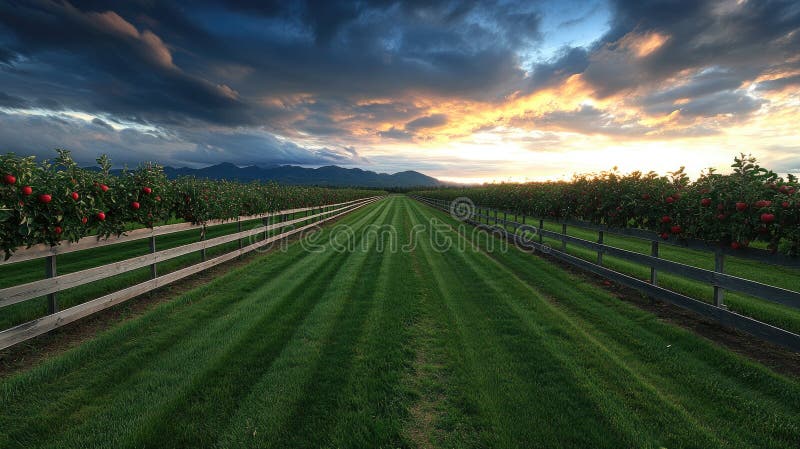 Rows of Apple Trees Bear Bright Red Fruit, Basking in Sunlight, with a ...