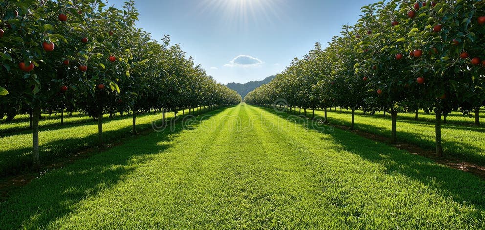 Rows of Apple Trees Bear Bright Red Fruit, Basking in Sunlight, with a ...