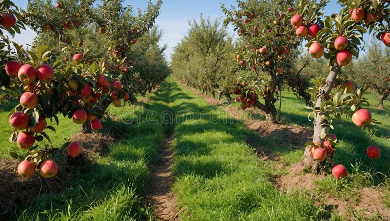 Rows of Apple Trees Filled with Red Apples in an Orchard, with a Path ...