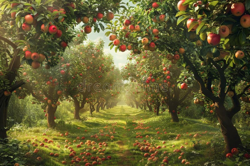 Rows of Apple Trees Heavy with Fruit in a Vibrant Orchard Setting ...