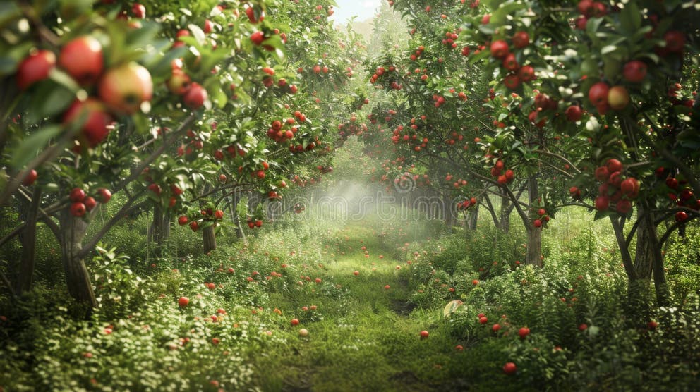 Rows of Apple Trees Laden with Fruit Create a Lush Pathway in a Sunlit ...