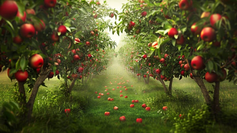 Rows of Apple Trees Laden with Fruit Create a Lush Pathway in a Sunlit ...