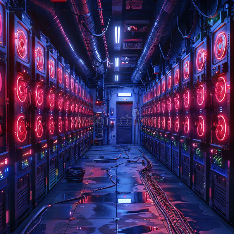 Rows of ASIC Miners and Power Cables. Stock Illustration - Illustration ...