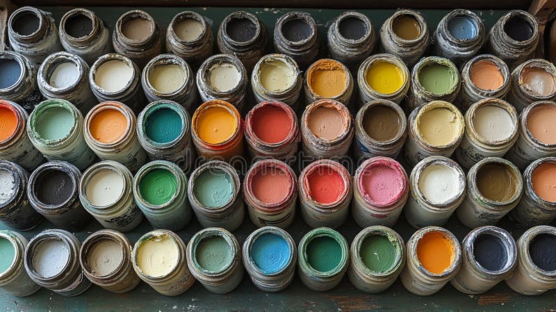 Rows of Assorted Paint Colors in Glass Jars Arranged Neatly on a ...