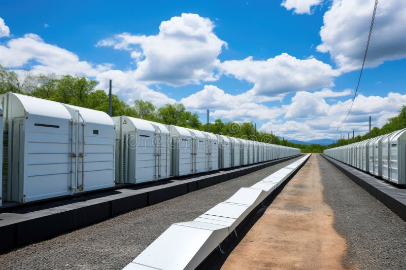Rows of Battery Banks at an Energy Storage Facility Stock Illustration ...