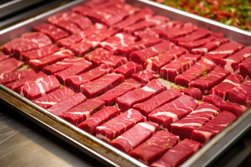 Rows of Beef Slices Arranged on a Stainless Steel Tray Stock Image ...