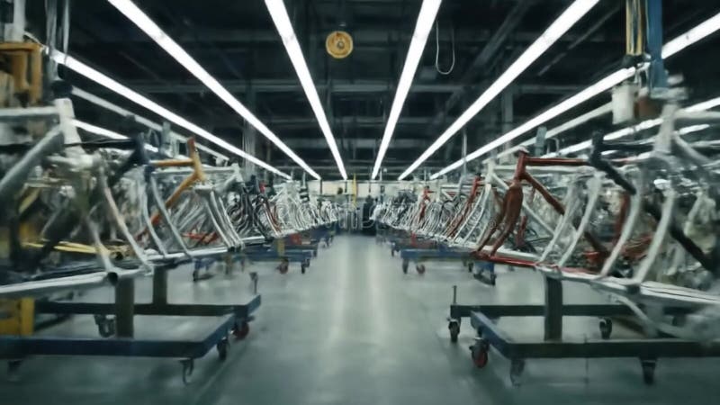 Modern Bicycle Factory Interior: Rows of White and Red Bike Frames ...