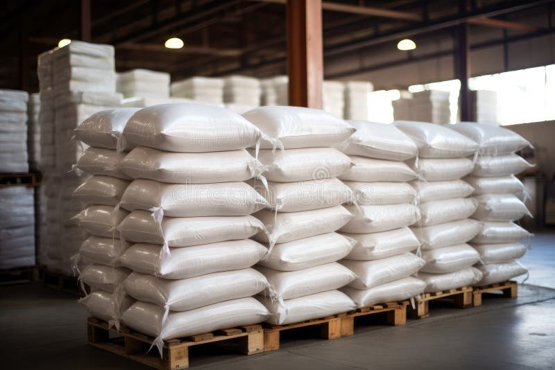 Rows of Big White Sacks at Large Warehouse in Modern Factory Stock ...