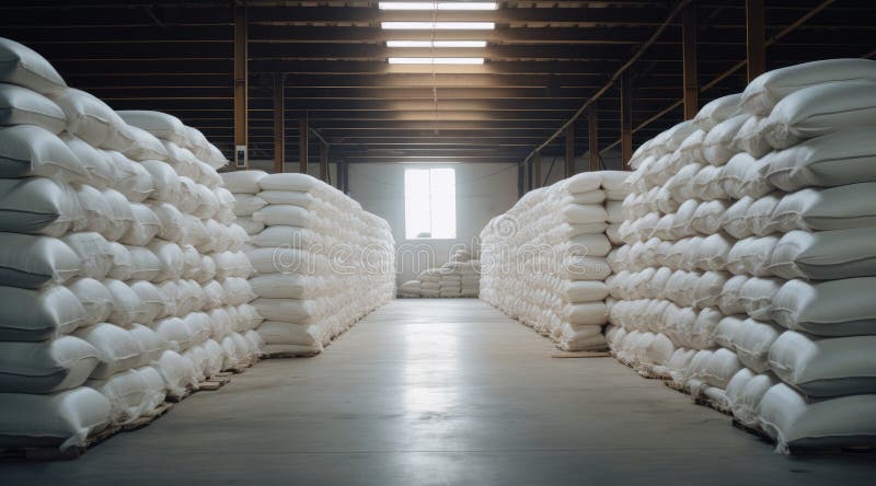 Rows of Big White Sacks at Large Warehouse in Modern Factory Stock ...