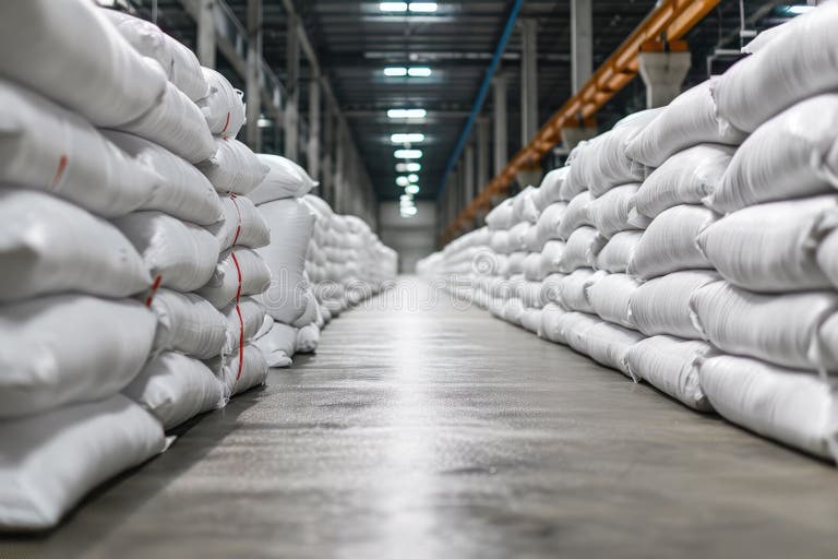 Rows of Big White Sacks at Large Warehouse in Modern Factory Stock ...