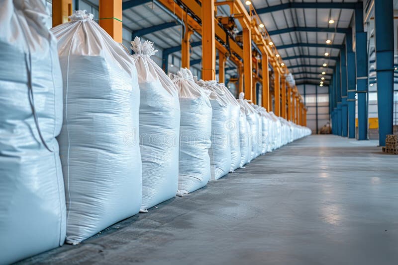 Rows of Big White Sacks at Large Warehouse in Modern Factory Stock ...
