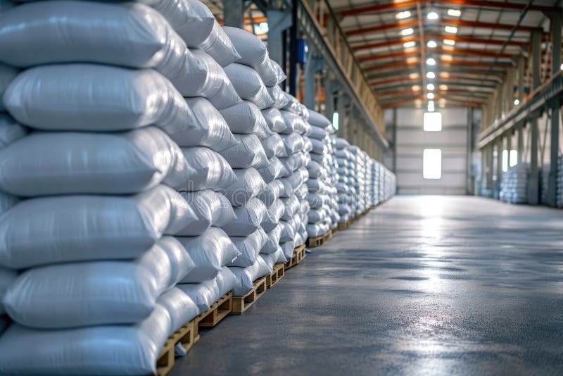Rows of Big White Sacks at Large Warehouse in Modern Factory Stock ...