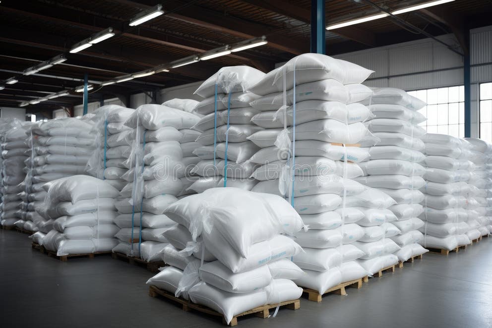 Rows of Big White Sacks at Large Warehouse in Modern Factory Stock ...