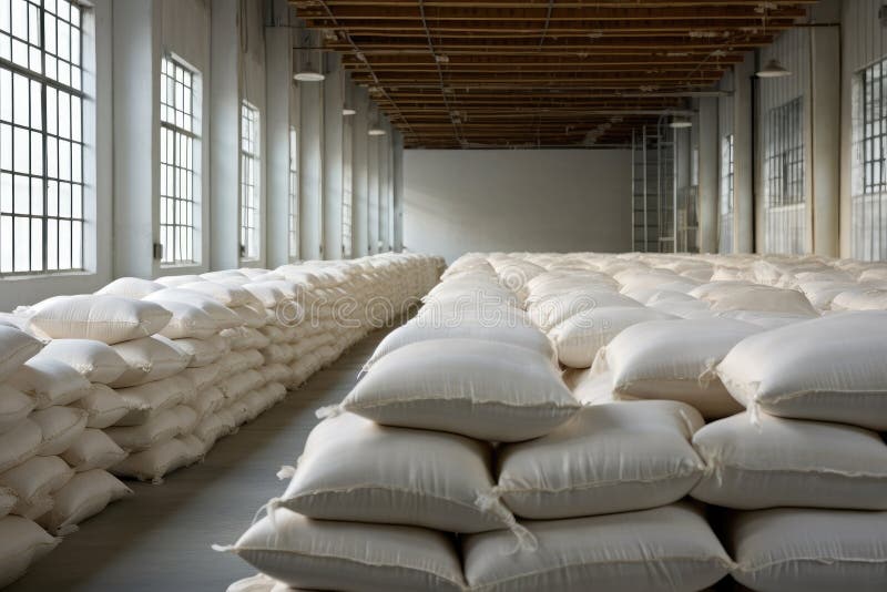 Rows of Big White Sacks at Large Warehouse in Modern Factory Stock ...