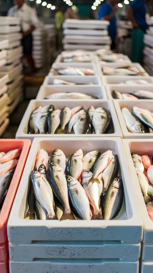 Rows of Bins Display Fresh Silver Fish in a Bustling Market Setting ...