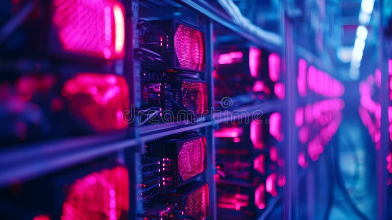 Rows of Bitcoin Mining Rigs with Pink Led Lights in High-tech Data ...