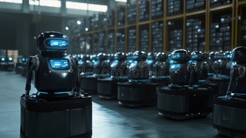 Rows of Black Robots with Blue Lights in a Factory Warehouse Stock ...
