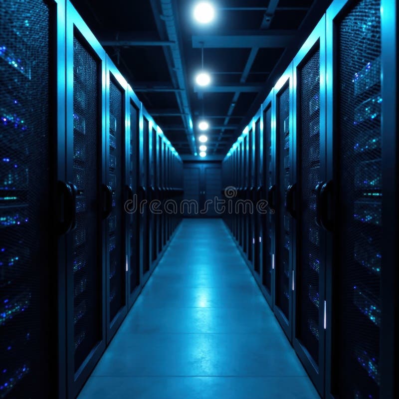 Rows of Black Server Racks Cool Blue Illumination Technology Storage ...