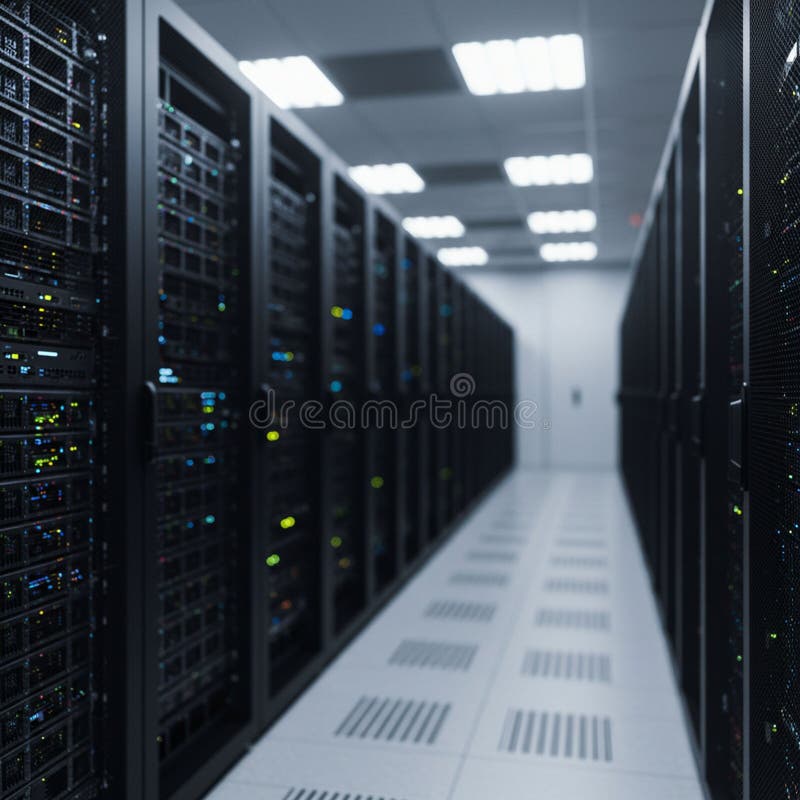 Rows of Black Server Racks Fill a Data Center Corridor. the Servers ...