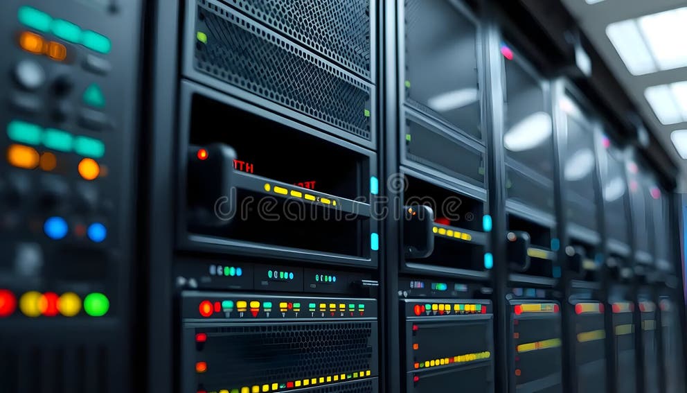 Rows of Black Server Racks with Illuminated Display Panels Stock Image ...