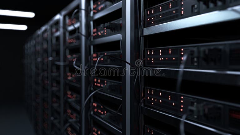 Rows of Blinking Servers in a Dark Data Center Providing Powerful Computing Resources Stock ...