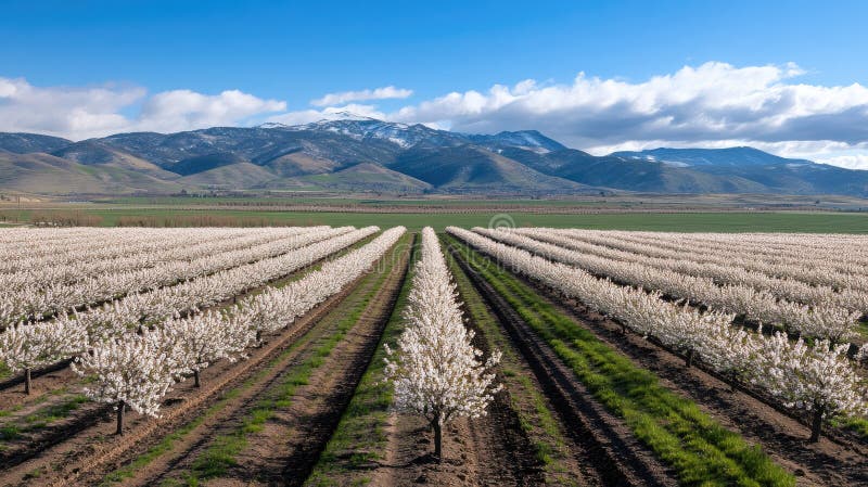 Rows of Blooming Trees Fill the Landscape with White Flowers, Creating ...