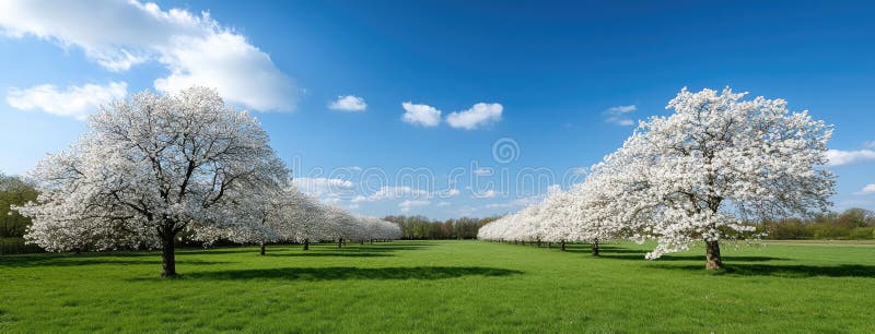 Rows of Blooming Trees Fill the Landscape with White Flowers, Creating ...