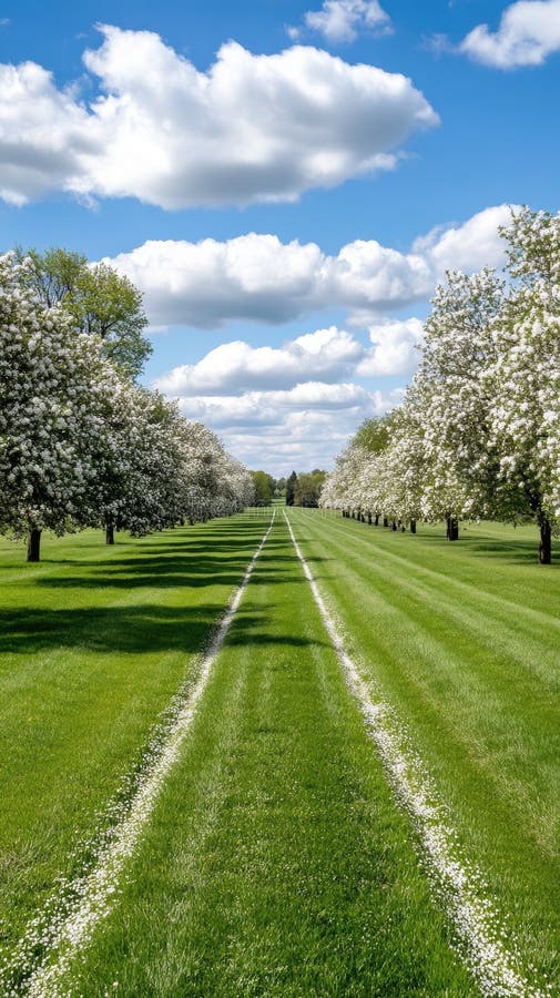 Rows of Blooming Trees Fill the Landscape with White Flowers, Creating ...