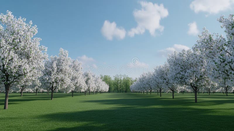 Rows of Blooming Trees Fill the Landscape with White Flowers, Creating ...