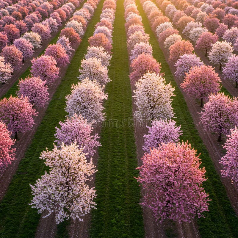 Rows of Blossoming Trees Create a Picturesque Scene, with Alternating ...
