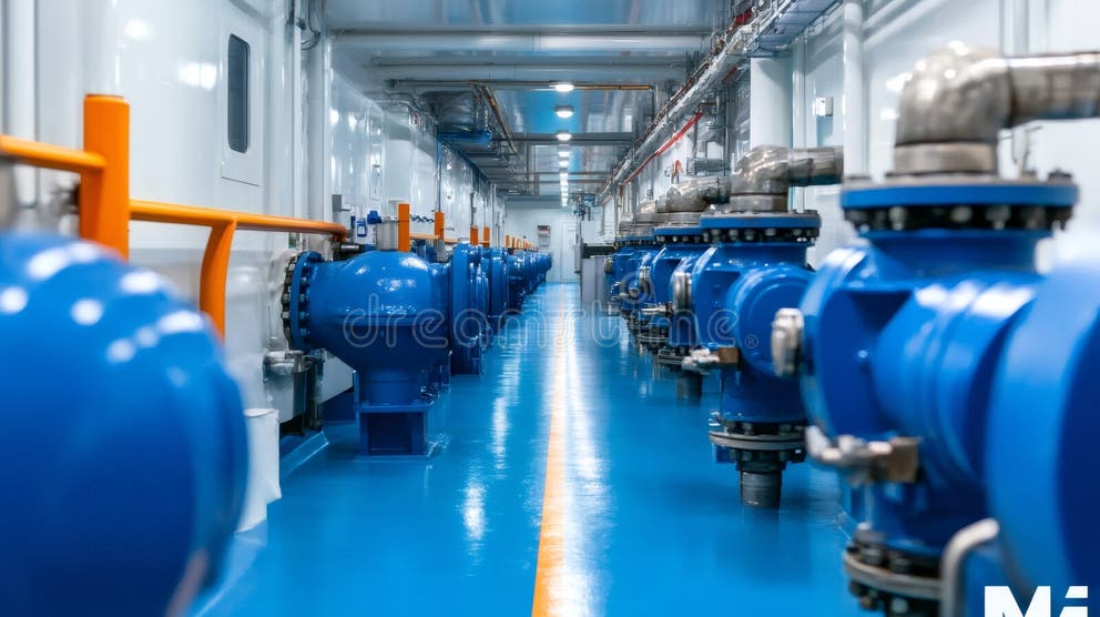 Rows of Blue Industrial Pumps and Valves Regulate Liquid Flow within a ...