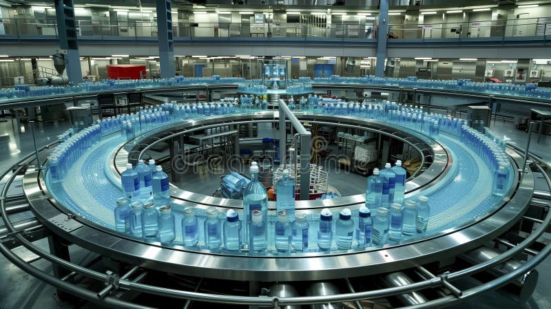 Rows of Blue Liquid Bottles are Arranged on a Circular Conveyor Belt ...