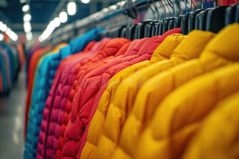 Rows of Blue, Orange, and Red Winter Coats Presented on Hangers in a ...