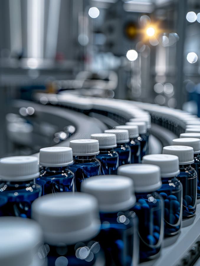 Rows of Blue Vials on a Production Line in a Laboratory or Factory ...