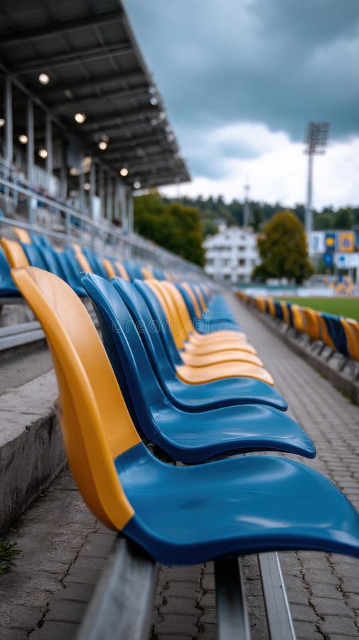 Rows of Blue and Yellow Seating Inside Stadium Under Overcast Sky Stock ...