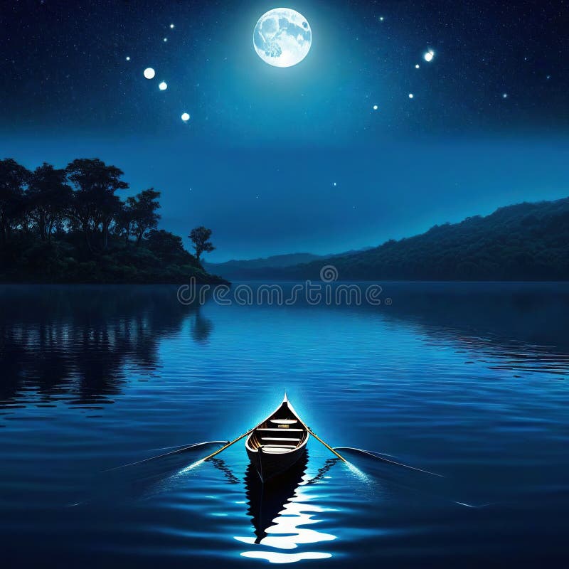 A Rows a Boat on a Lake at Night while Numerous Glowing Moons Float on ...